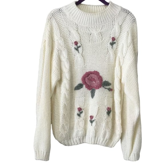 Vintage | Sweaters | 8s Vintage Hand Knitted Floral Embroidered Mock ...